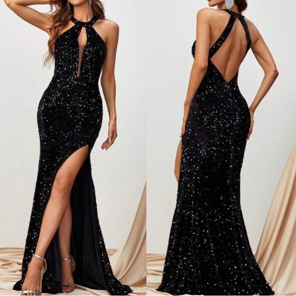 Dresses | Luxe Open Back Slit Thigh Party Formal Evening Sequins Gown ...